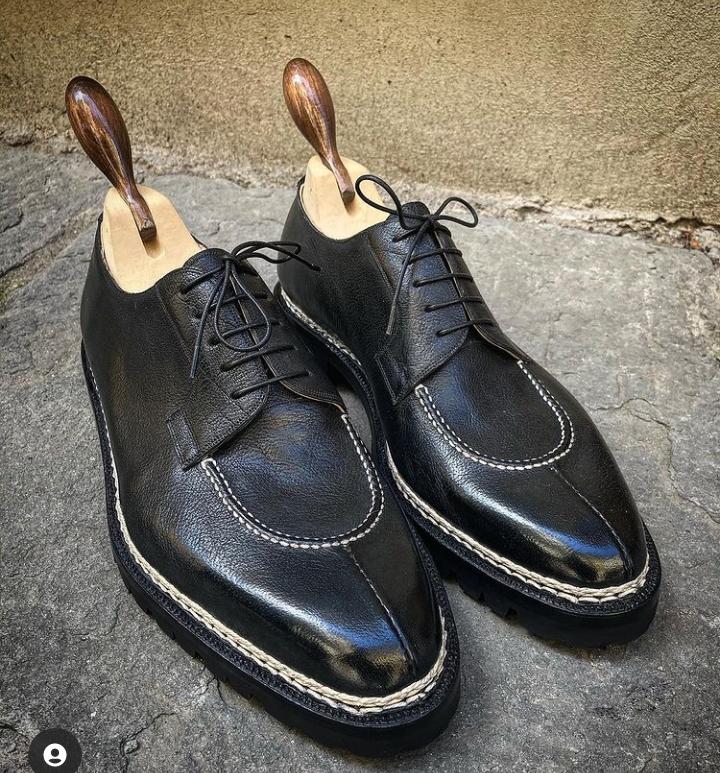 Stylish Hand Stitch Black Split Toe Lace Up Leather Formal Shoes on Luulla